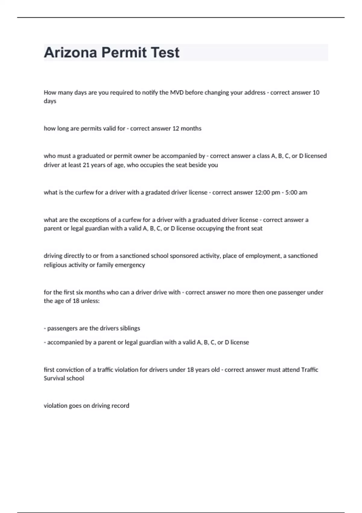 Arizona Permit Test- Question and answers correctly solved 2024 ...