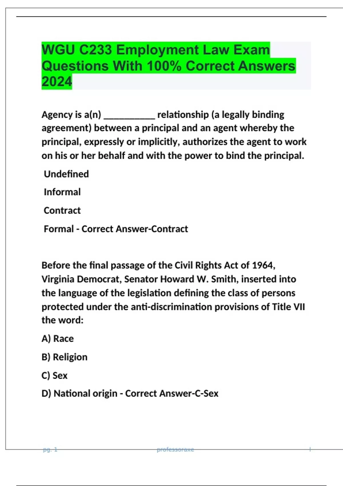 WGU C233 Employment Law Exam Questions With 100% Correct Answers 2024 ...