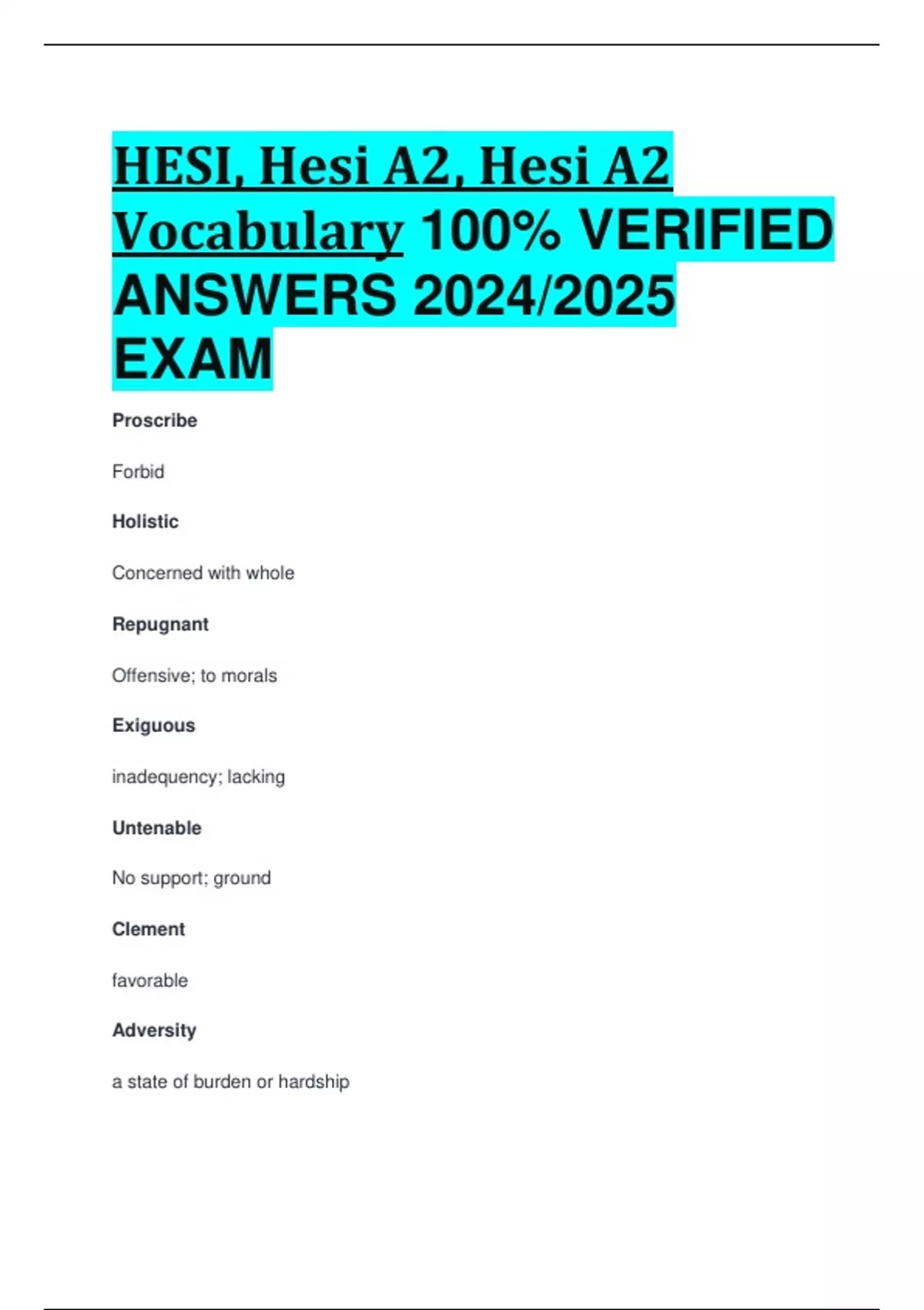 BEST ANSWERS HESI, Hesi A2, Hesi A2 Vocabulary 100% VERIFIED ANSWERS ...