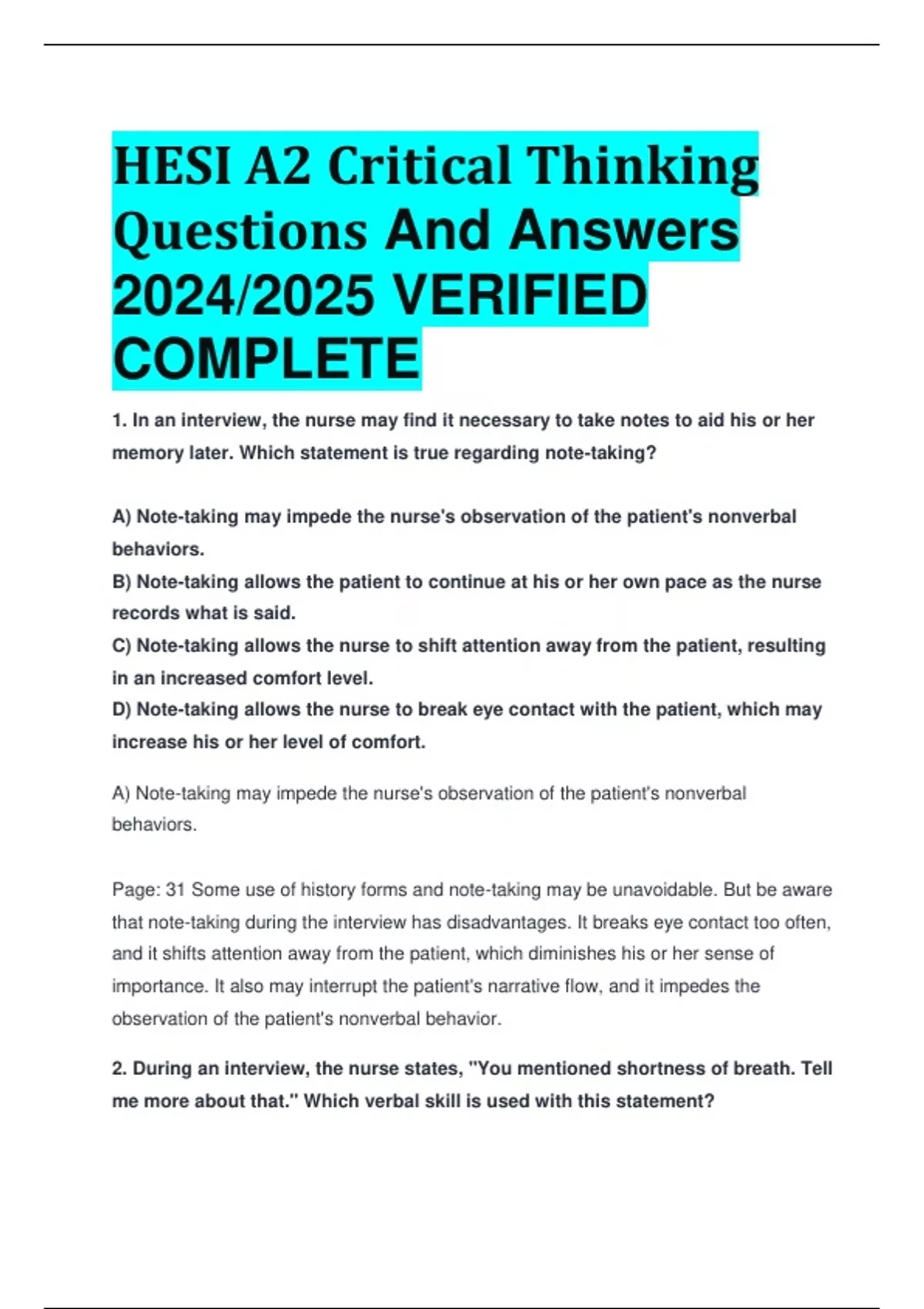 BEST ANSWERS HESI A2 Critical Thinking Questions And Answers 2024/2025 ...