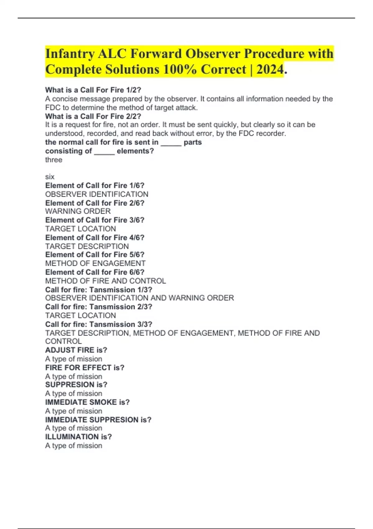 Infantry ALC Forward Observer Procedure with Complete Solutions 100% Correct | 2024. - Infantry ...