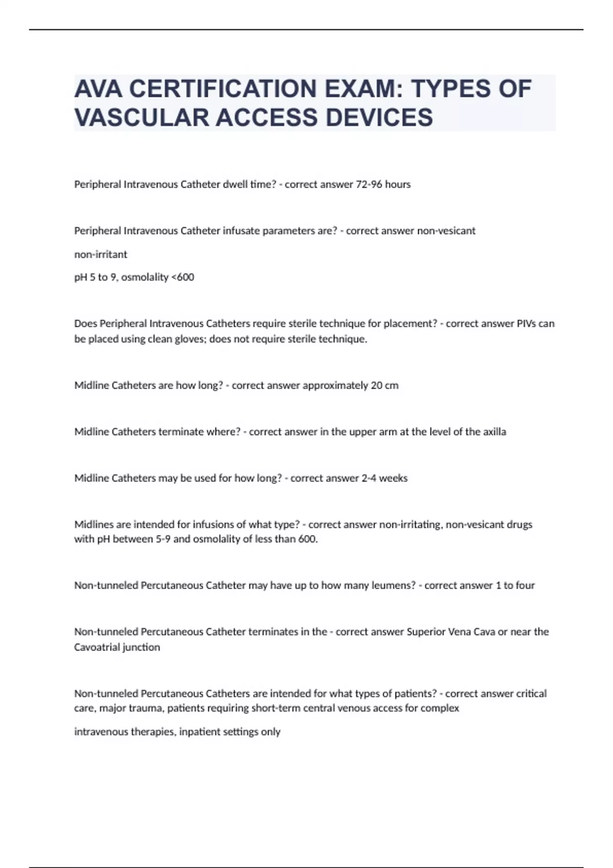 AVA CERTIFICATION EXAM TYPES OF VASCULAR ACCESS DEVICES Question and answers 2024 verified to ...