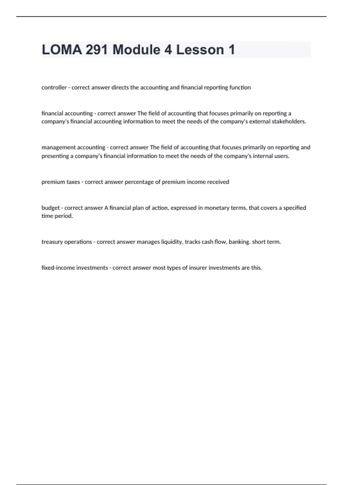 LOMA 291 Module 4 Lesson 1 Questions with complete solution 2024 - LOMA ...