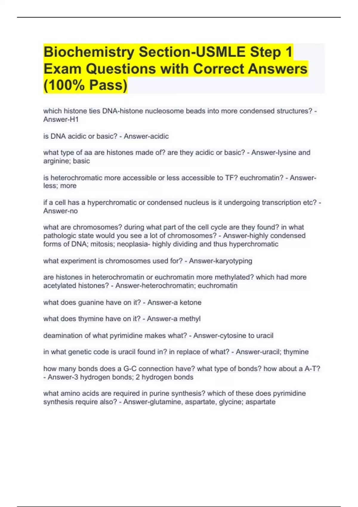 Biochemistry Section-USMLE Step 1 Exam Questions with Correct Answers ...