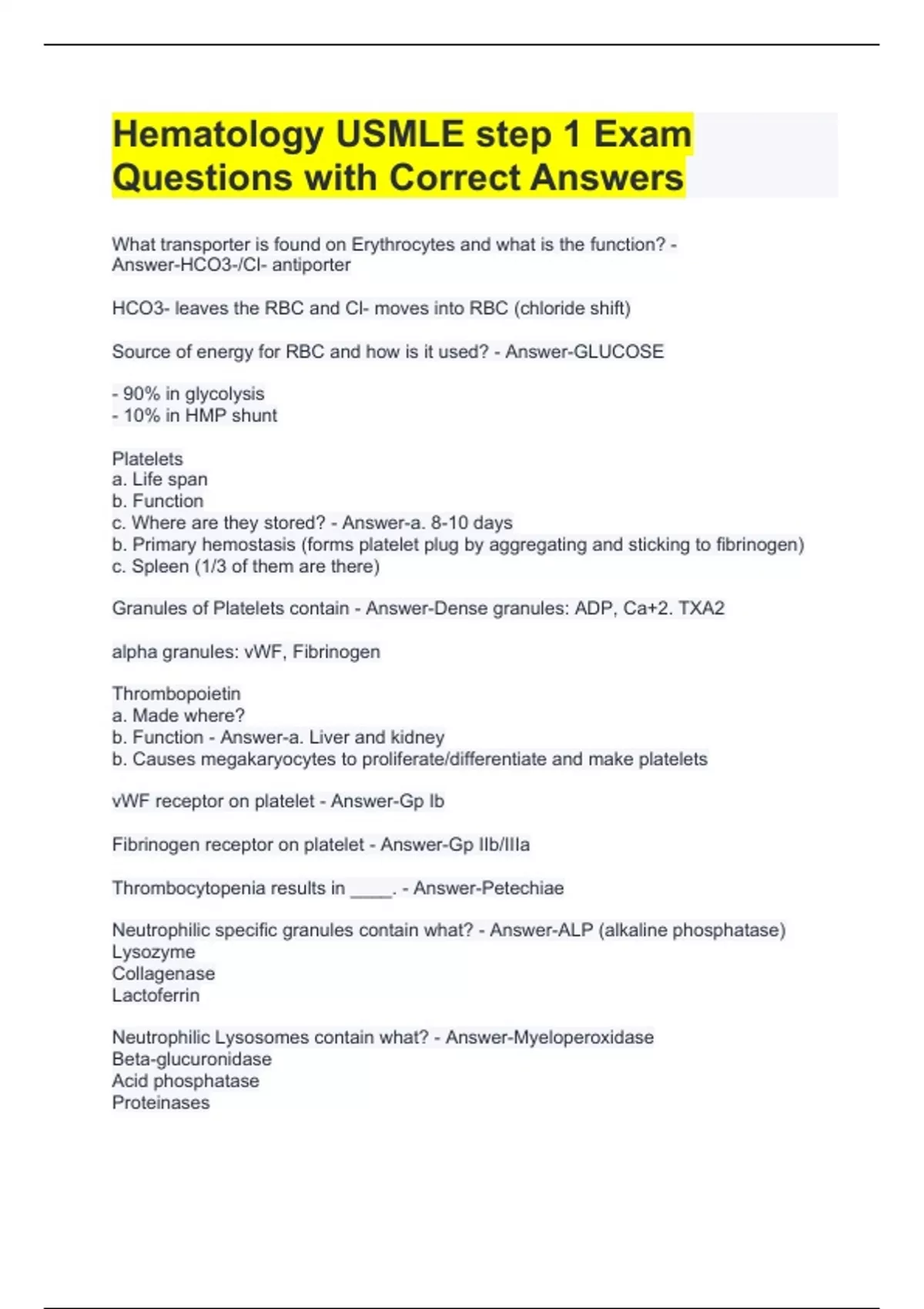 Hematology USMLE step 1 Exam Questions with Correct Answers - USMLE ...