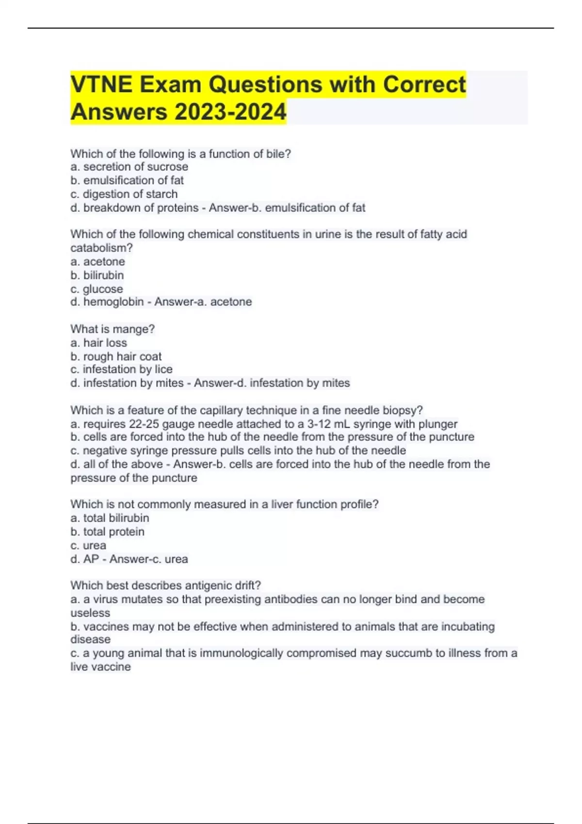 VTNE Exam Questions with Correct Answers - VTNE - Stuvia US