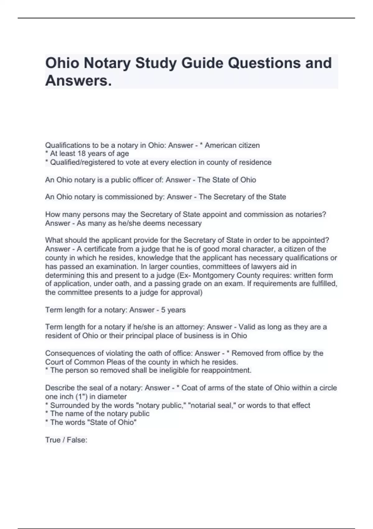 Ohio Notary Study Guide Questions and Answers - Ohio notary - Stuvia US