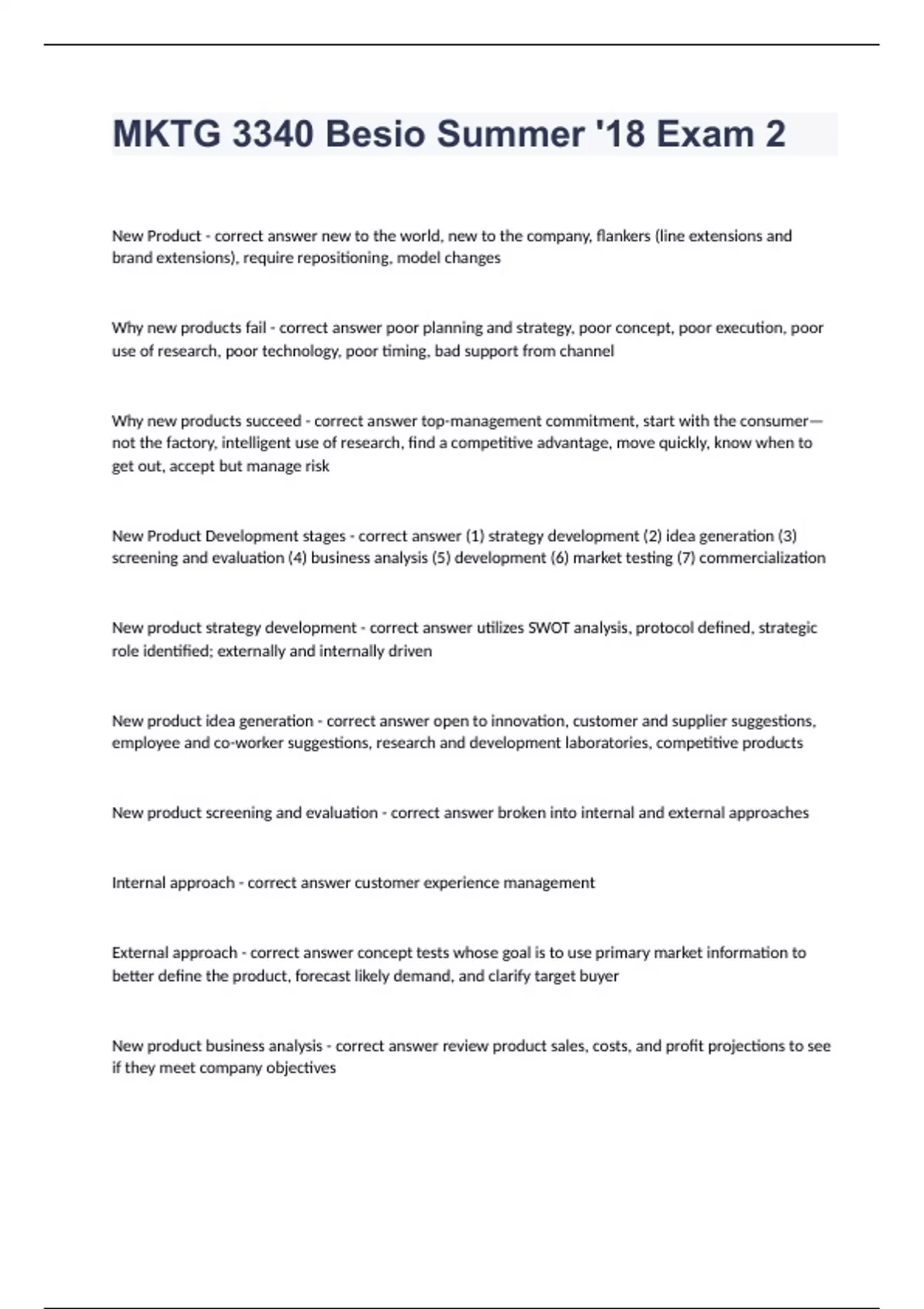 MKTG 3340 Besio Summer '18 Exam 2 Question and answers rated A+ 2024 ...