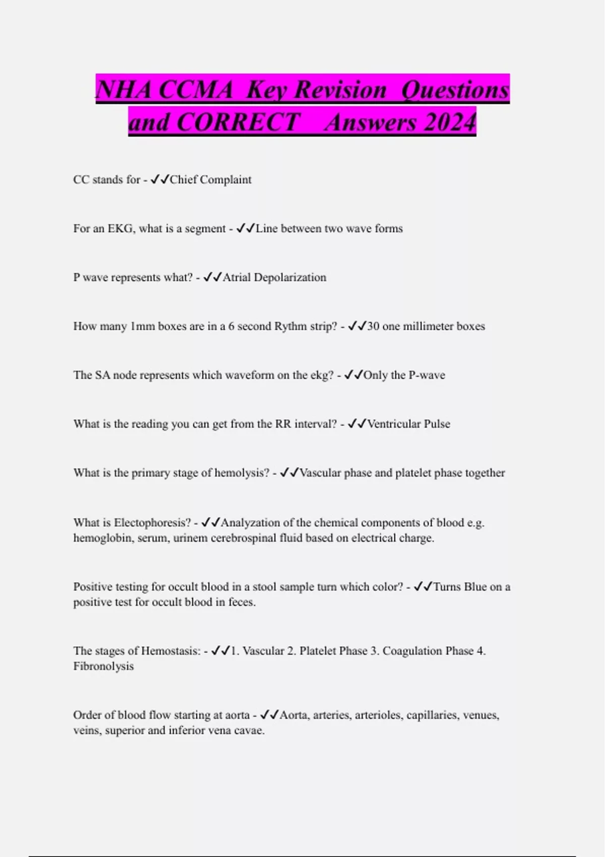 NHA CCMA Key Revision Questions and CORRECT Answers 2024 - NHA CCMA ...