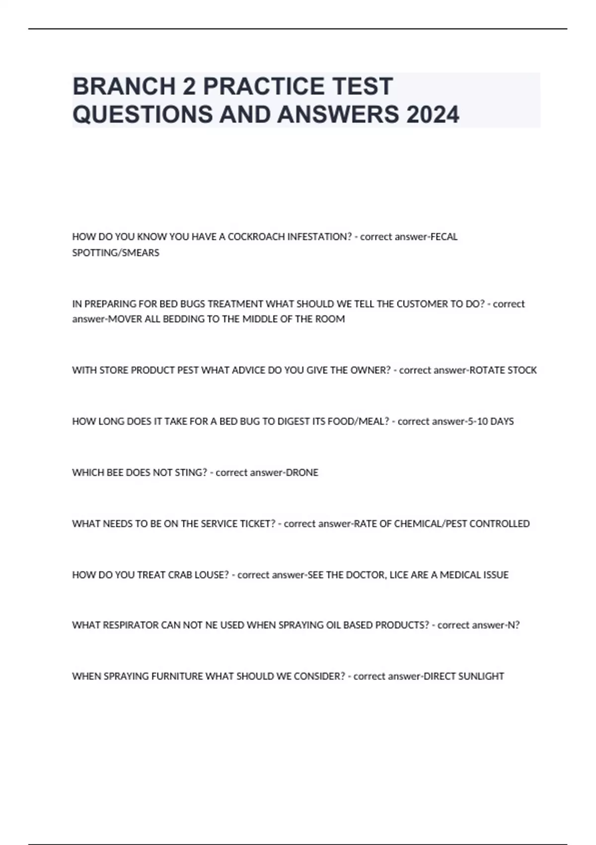 BRANCH 2 PRACTICE TEST QUESTIONS AND ANSWERS 2024 - CA BRANCH Pest ...