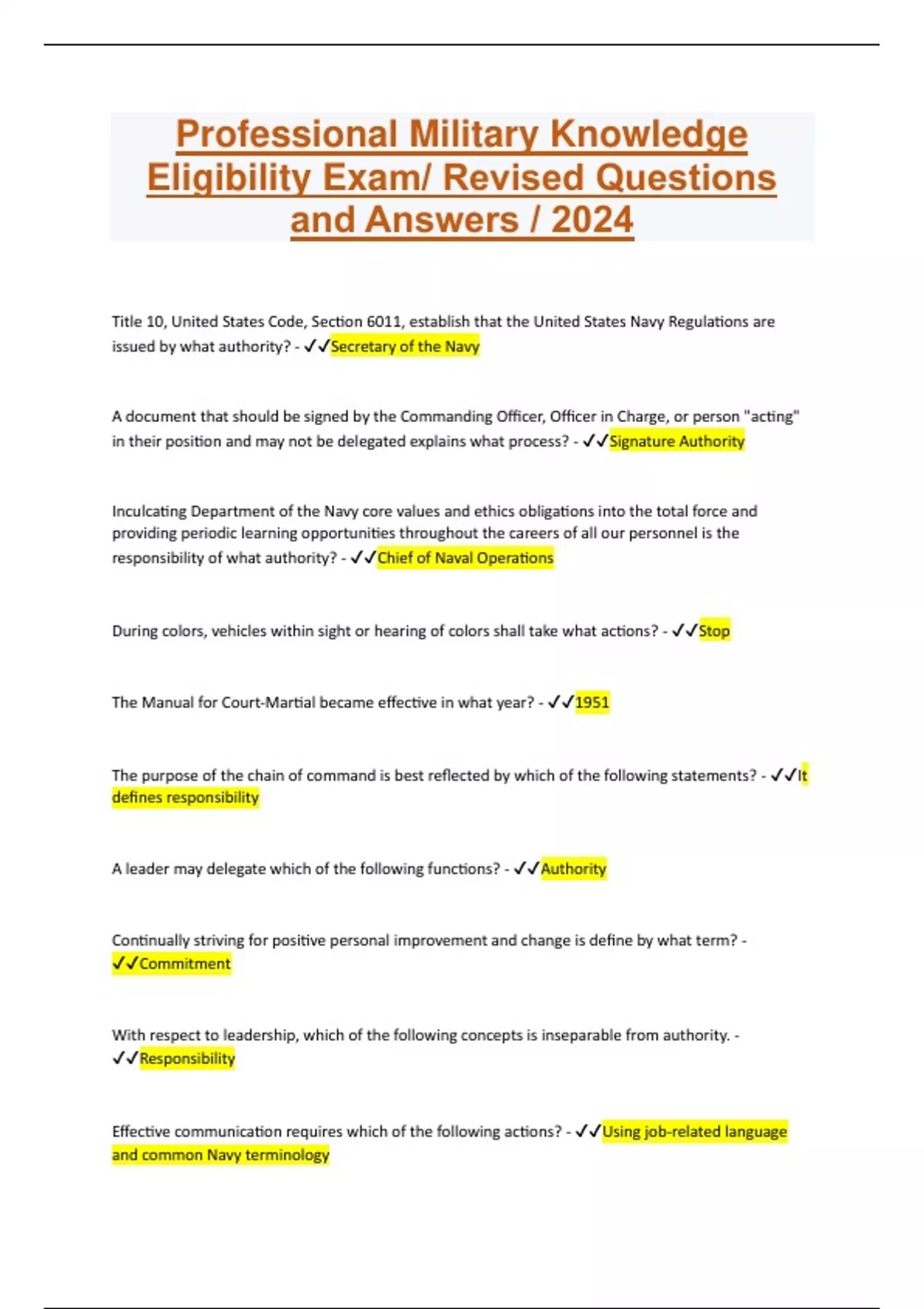 Professional Military Knowledge Eligibility Exam/ Revised Questions and ...