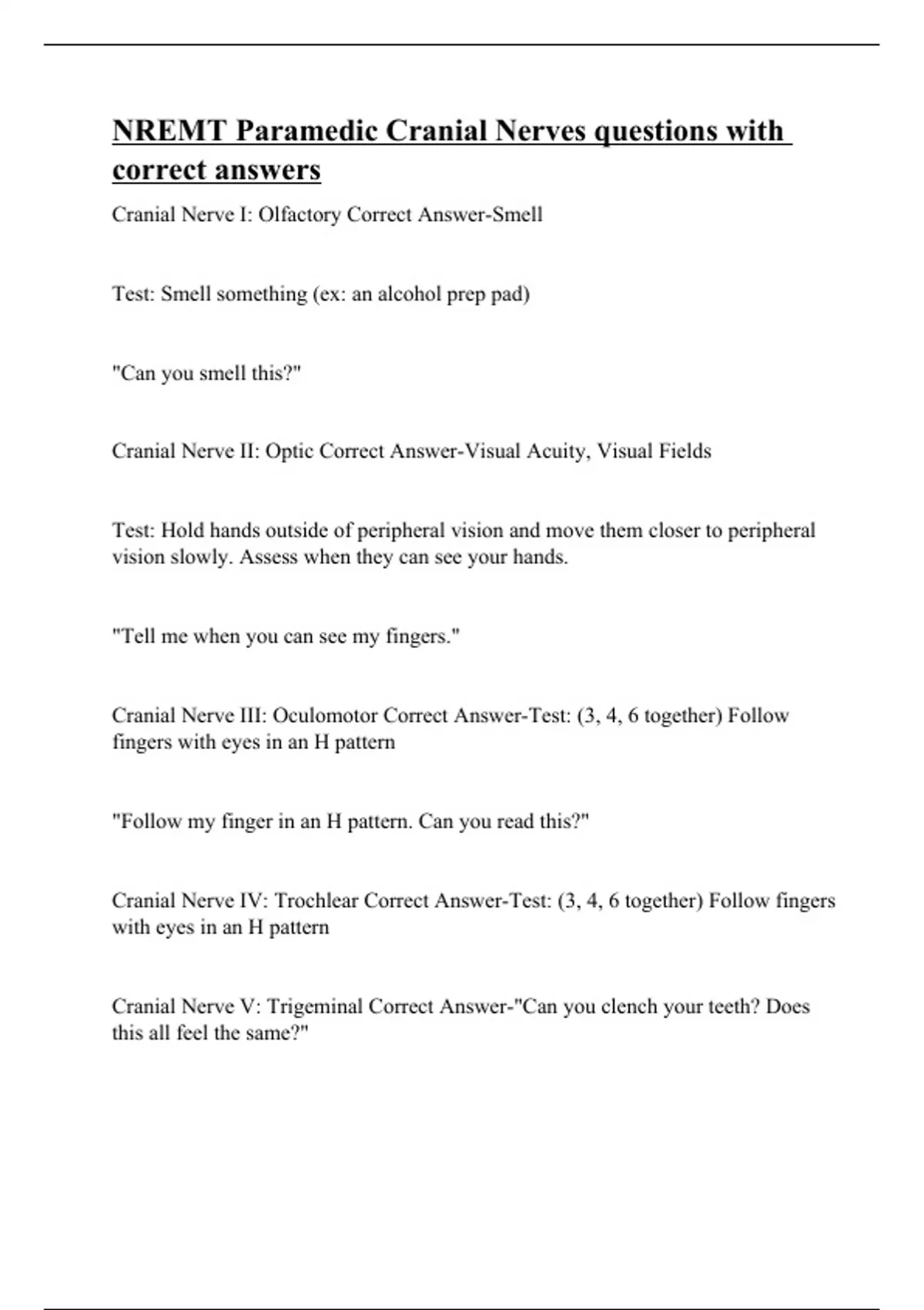 NREMT Paramedic Cranial Nerves questions with correct answers - NREMT ...