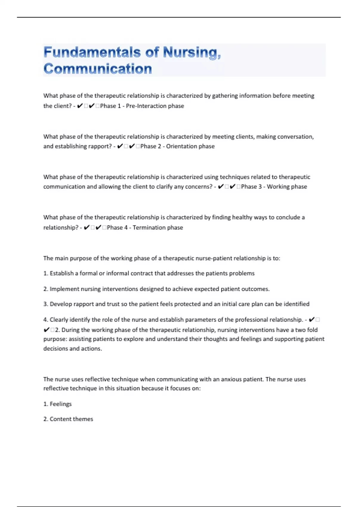 Fundamentals of Nursing, Communication 74 Questions with 100% Correct ...