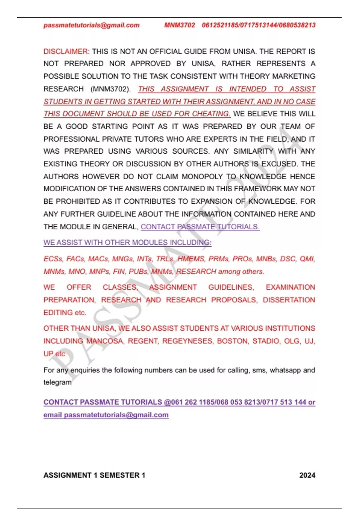 MNM3702 ASSIGNMENT 1 SEMESTER 1 2024 MCQ - Marketing research (MNM3702) - Stuvia SA