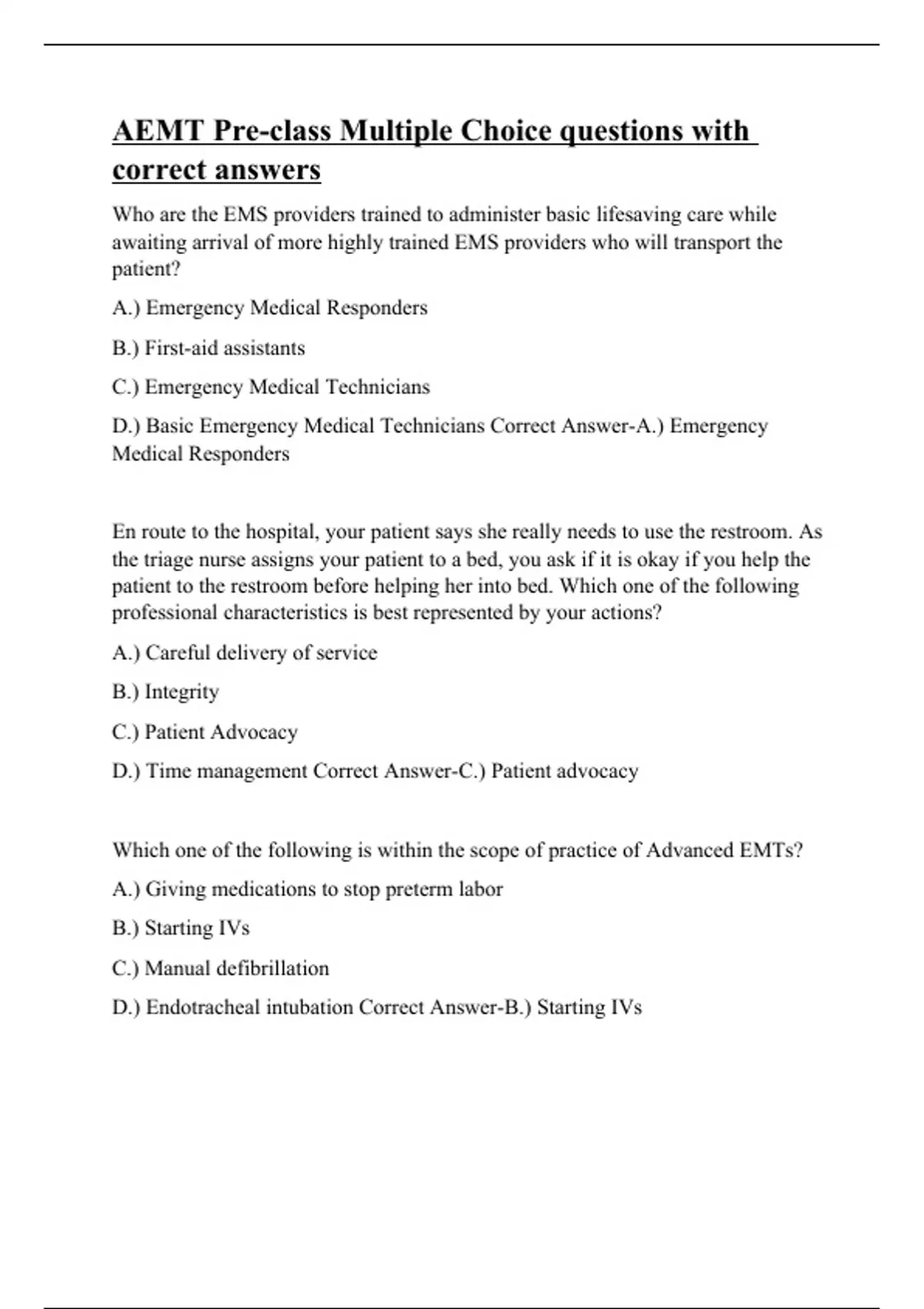AEMT Pre-class Multiple Choice questions with correct answers - Aemt ...