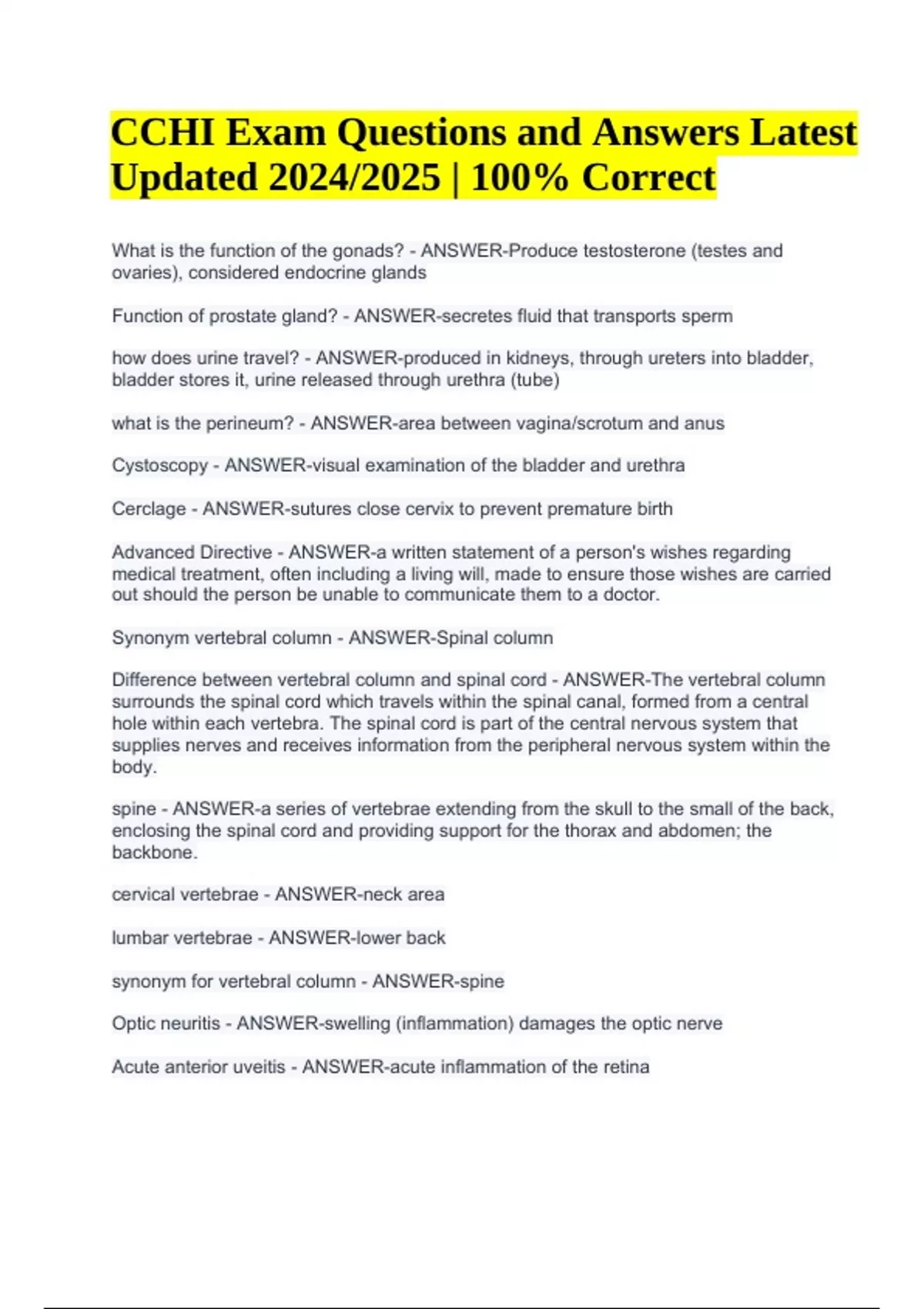 CCHI Exam Questions and Answers Latest Updated 2024/2025 (100% Correct ...