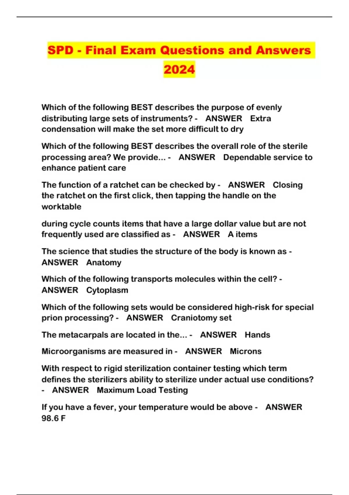SPD - Final Exam Questions and Answers 2024 - SPD - Stuvia US