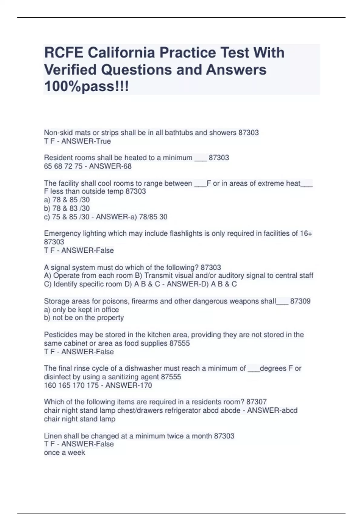 RCFE California Practice Test With Verified Questions and Answers 100 ...