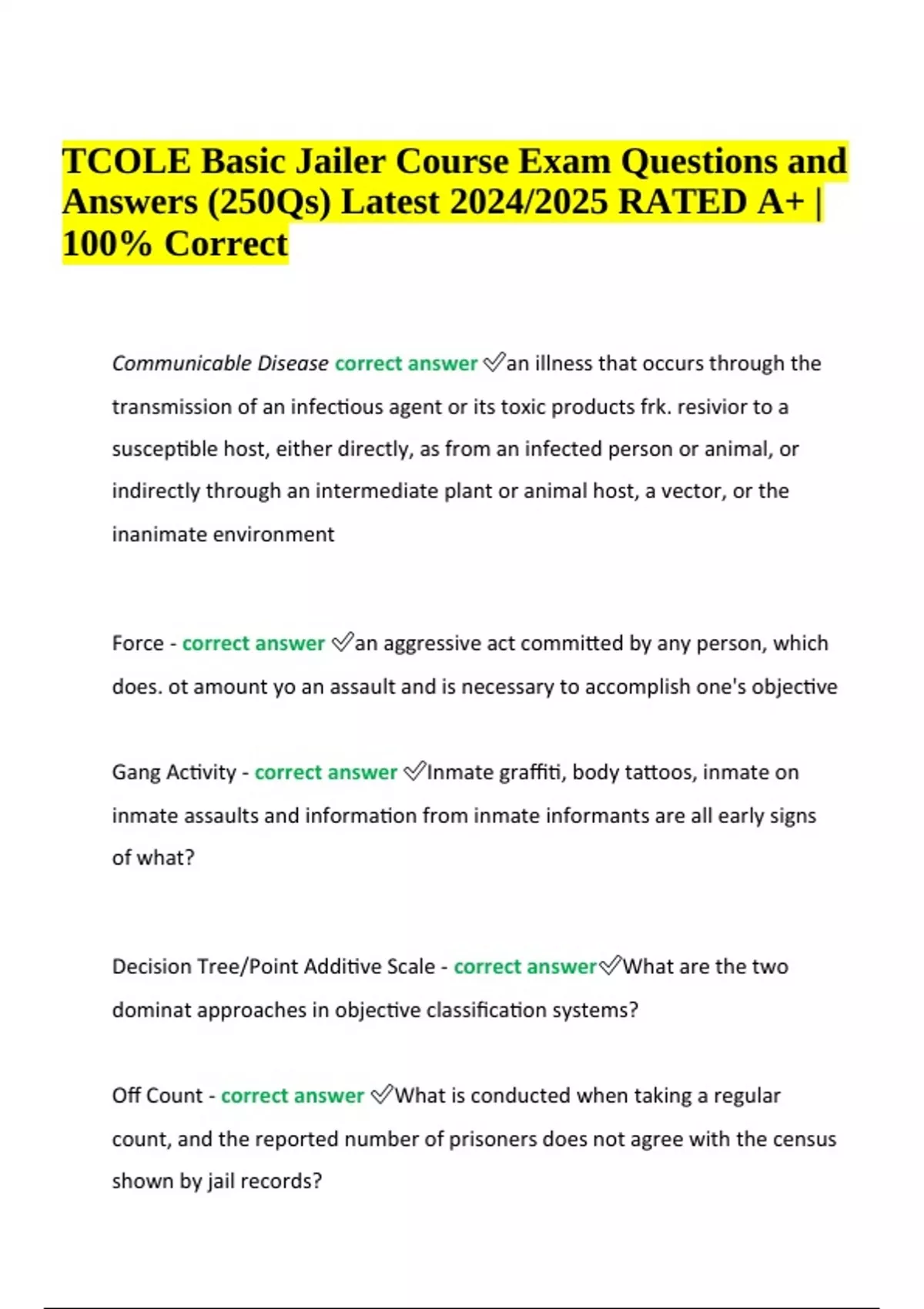 TCOLE Basic Jailer Course Exam Questions and Answers Latest 2024/2025 ...