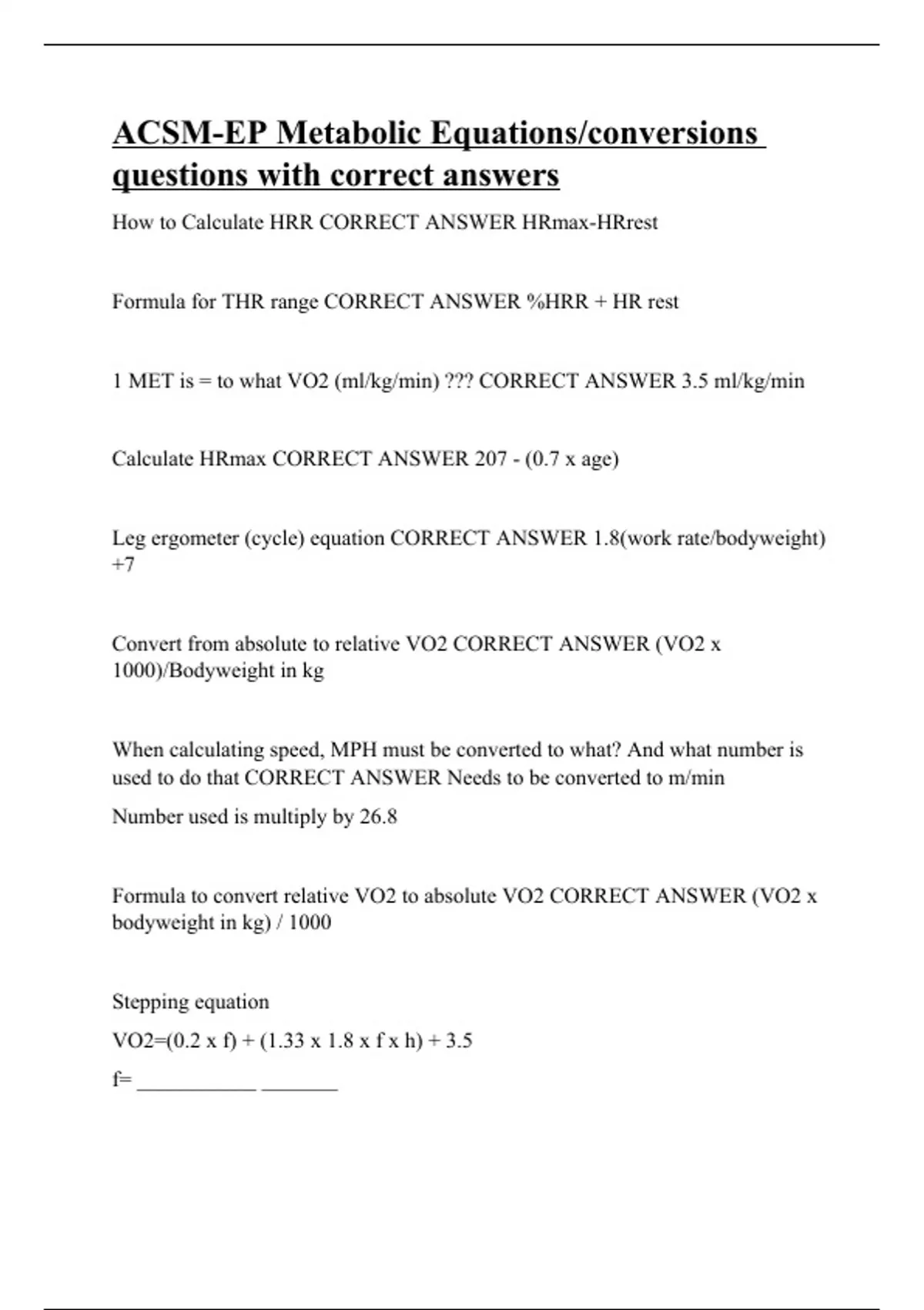 ACSM-EP Metabolic Equations/conversions questions with correct answers ...