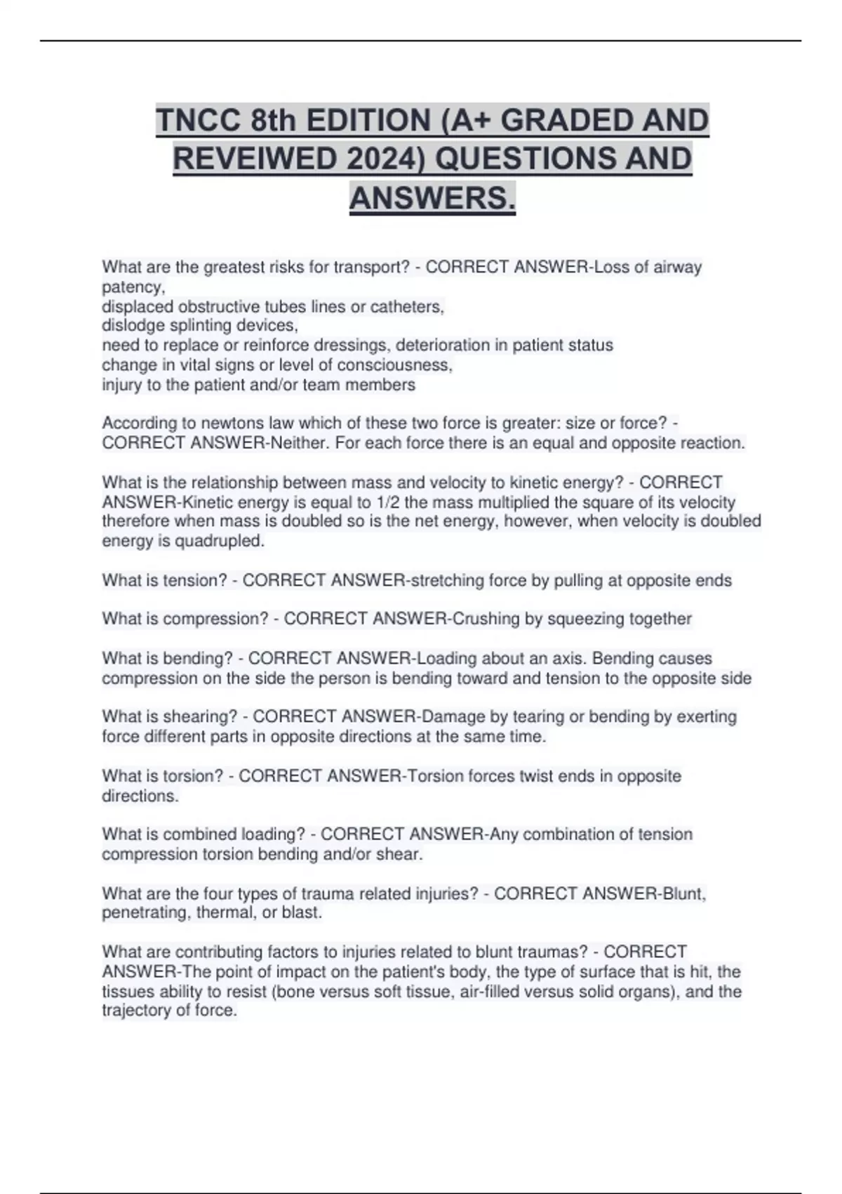 TNCC 8th EDITION (A+ GRADED AND REVEIWED 2024) QUESTIONS AND ANSWERS ...