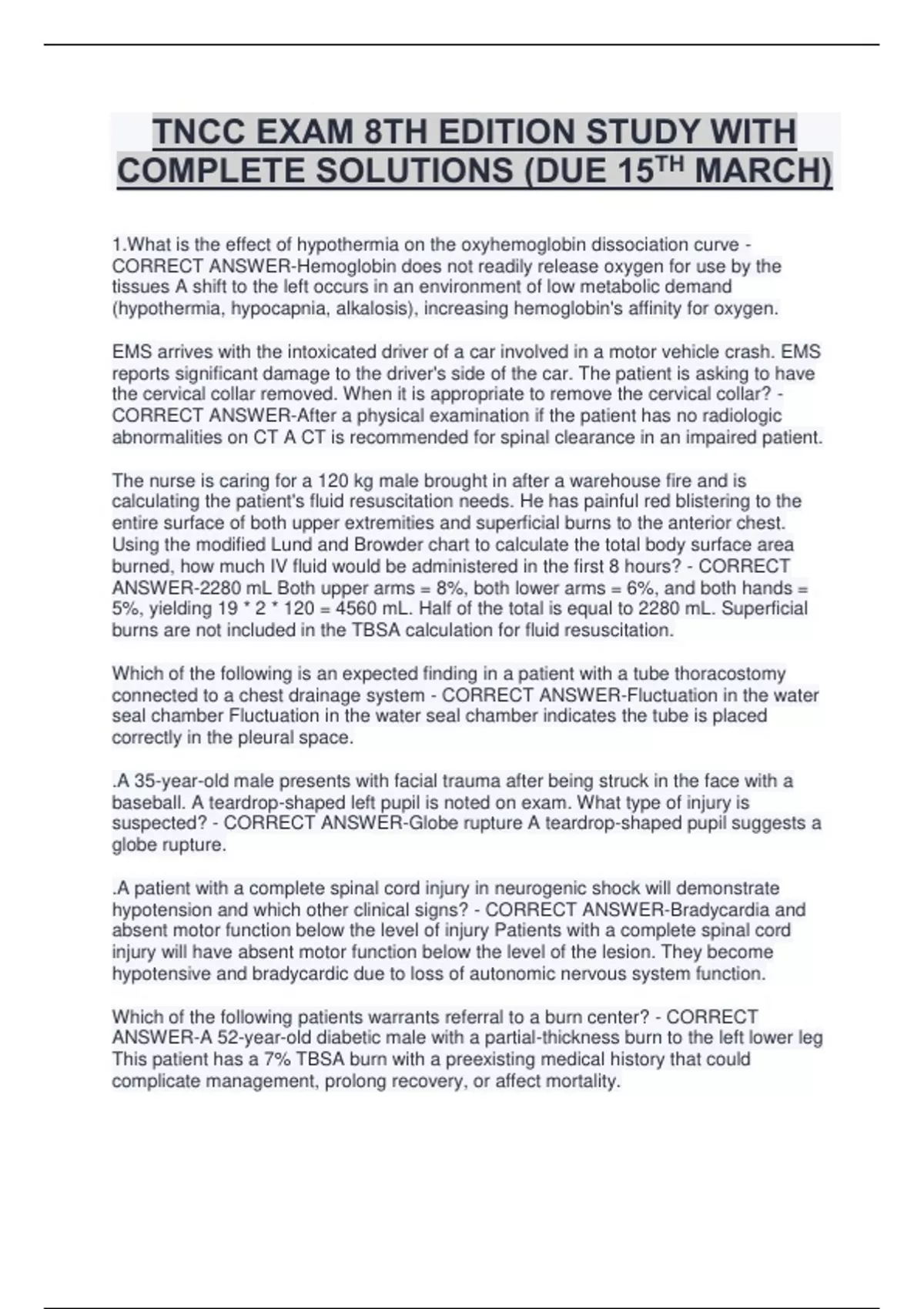 TNCC EXAM 8TH EDITION STUDY WITH COMPLETE SOLUTIONS (DUE 15TH MARCH - TNCC-Trauma Nursing Core ...