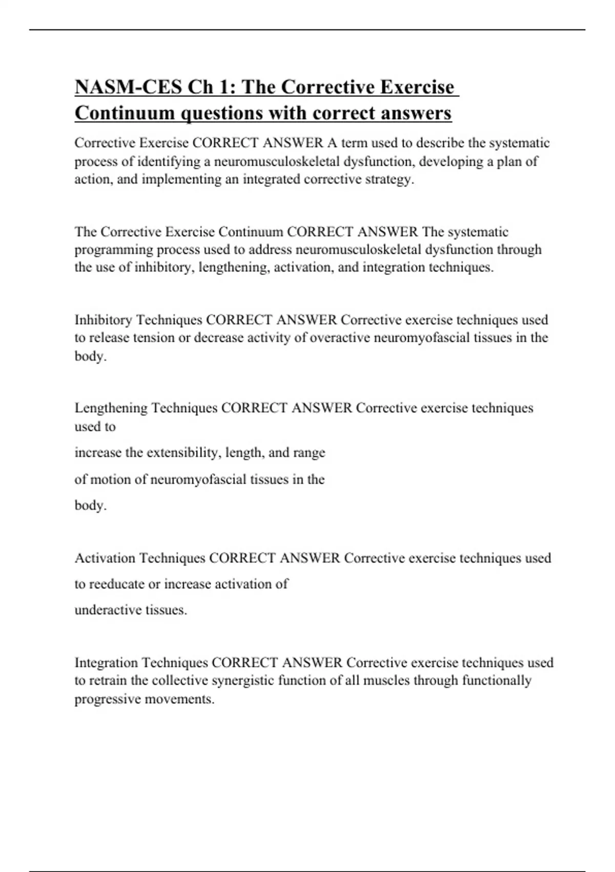 NASM-CES Ch 1: The Corrective Exercise Continuum questions with correct ...