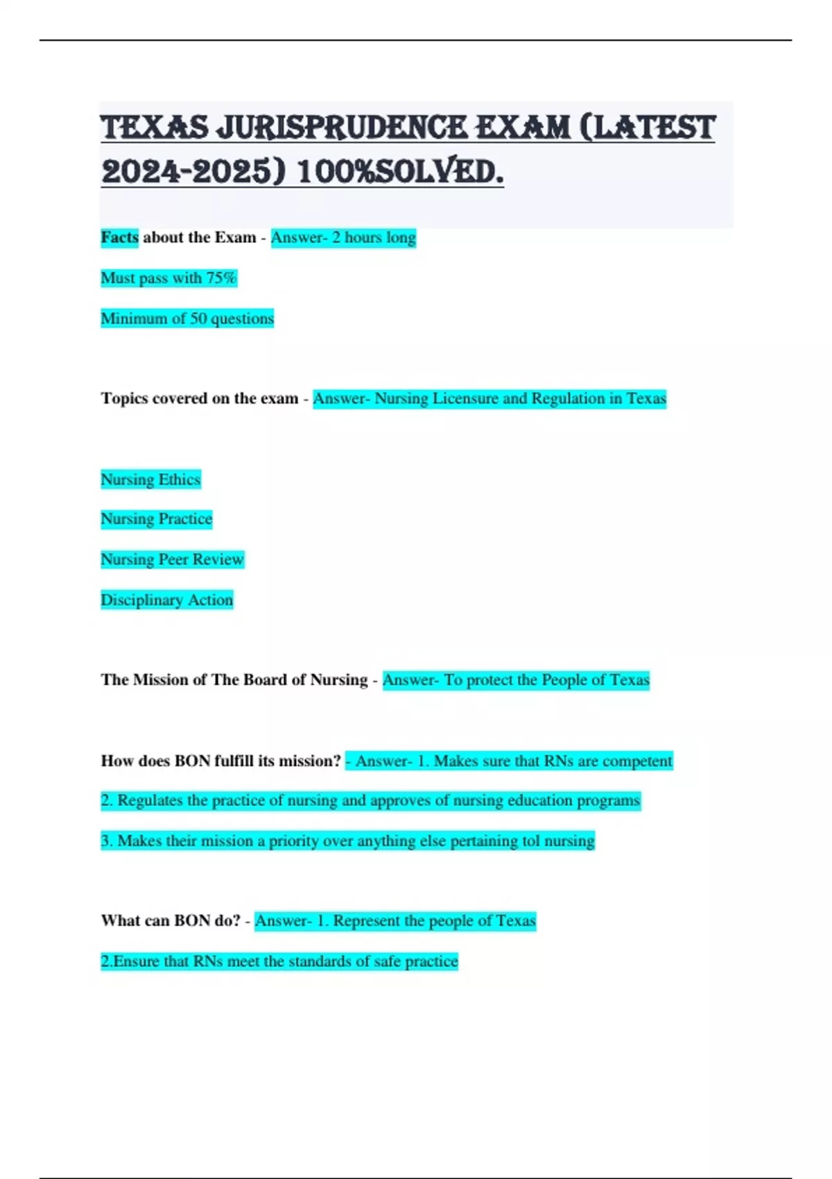 Texas Jurisprudence Exam (latest ) 100%SOLVED. - Nursing Jurisprudence ...