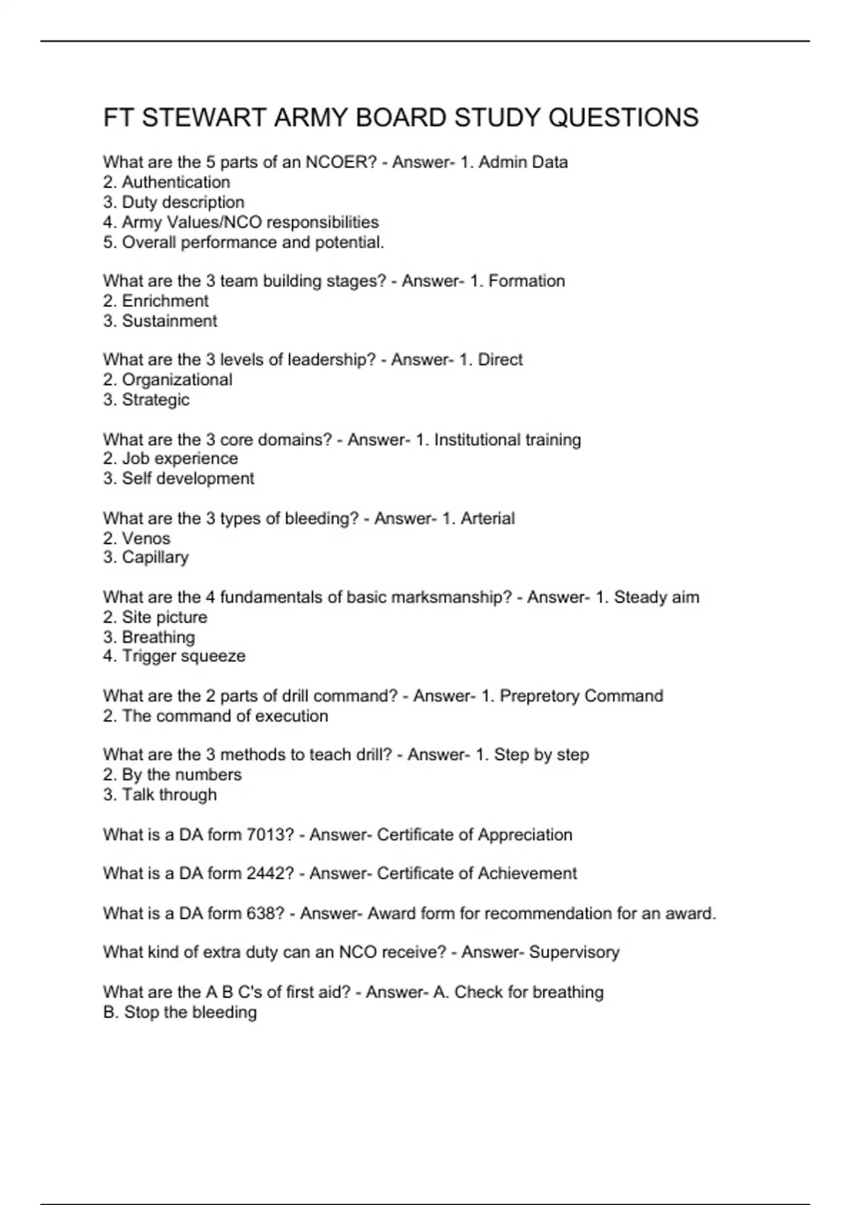 FT STEWART ARMY BOARD STUDY QUESTIONS - FT STEWART ARMY - Stuvia US