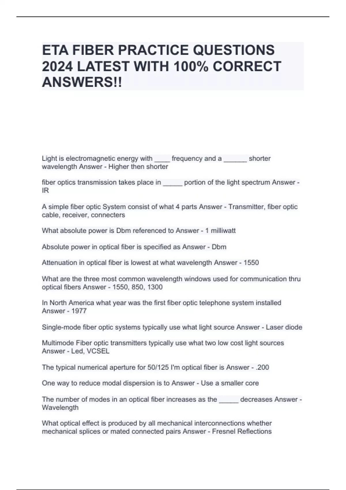 ETA FIBER PRACTICE QUESTIONS 2024 LATEST WITH 100% CORRECT ANSWERS ...