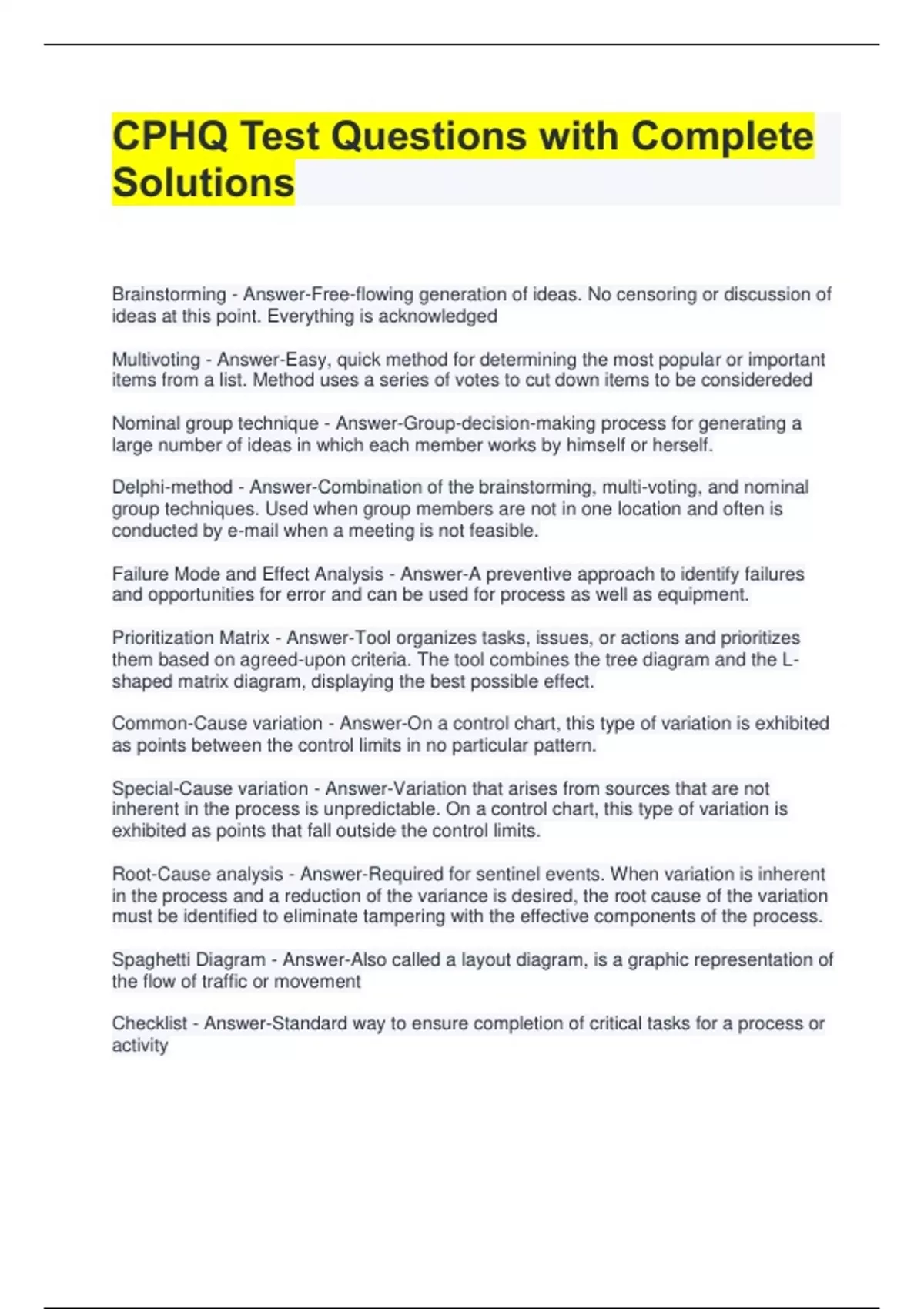 CPHQ Test Questions with Complete Solutions - CPHQ - Stuvia US