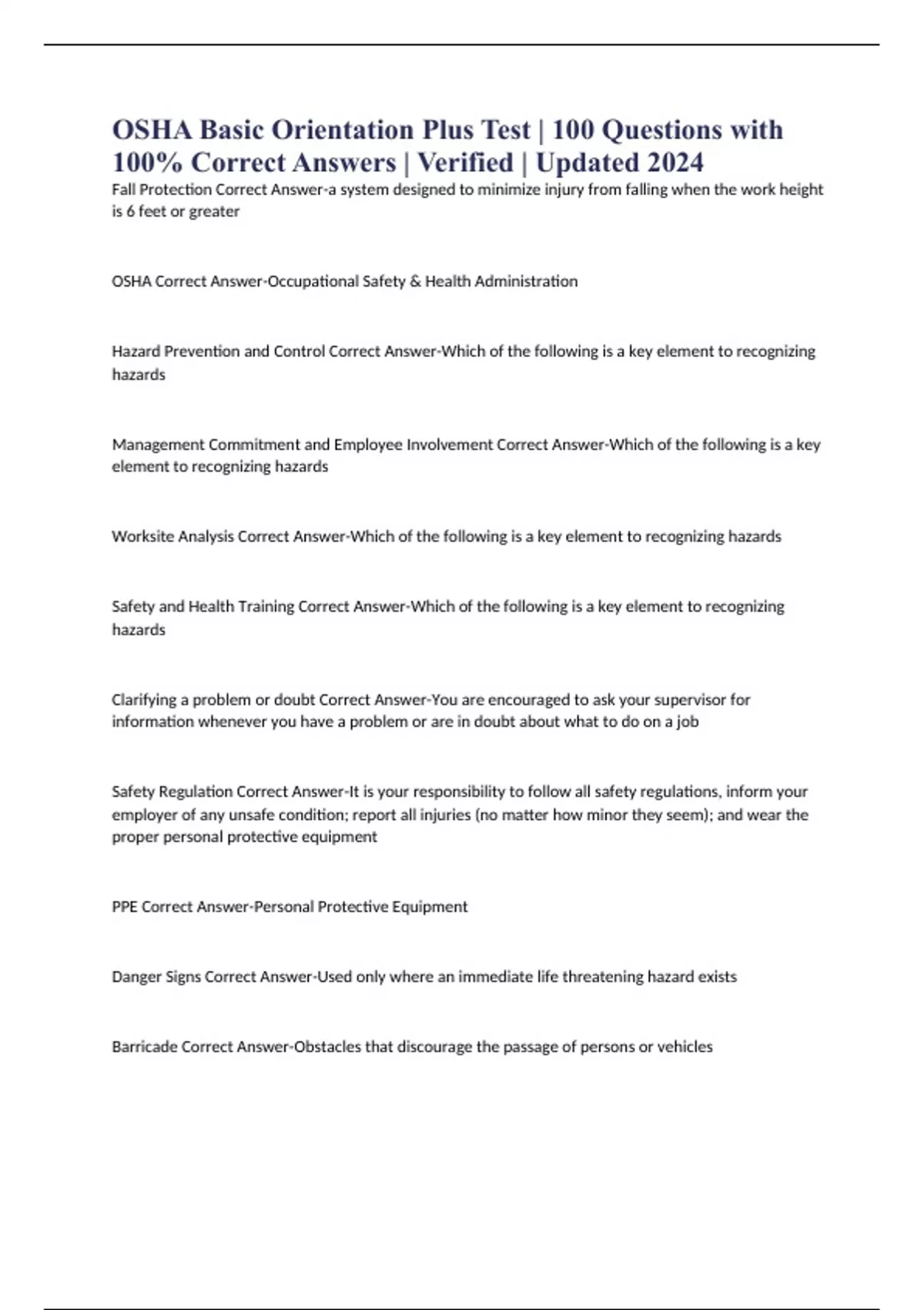 OSHA Basic Orientation Plus Test | 100 Questions with 100% Correct ...