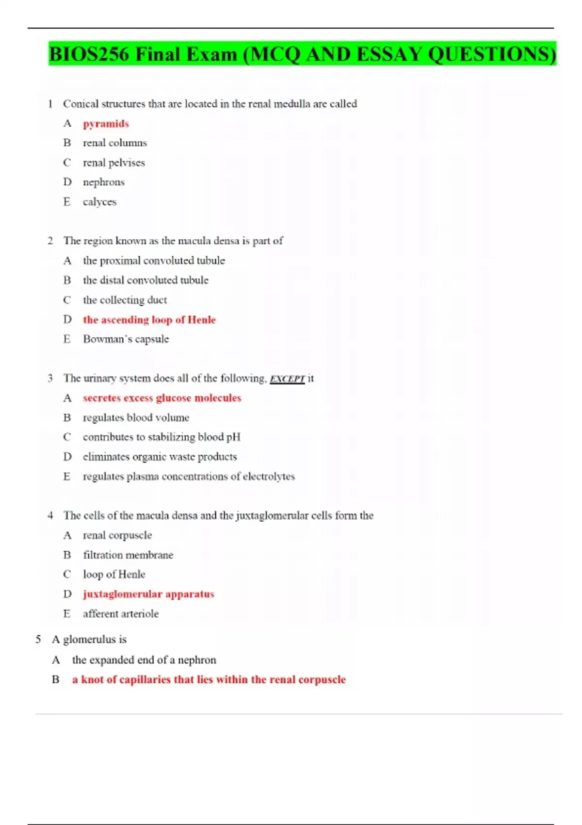 Bios256 Final Exam Latest 2024 Bios 256 Final Exam Anatomy And