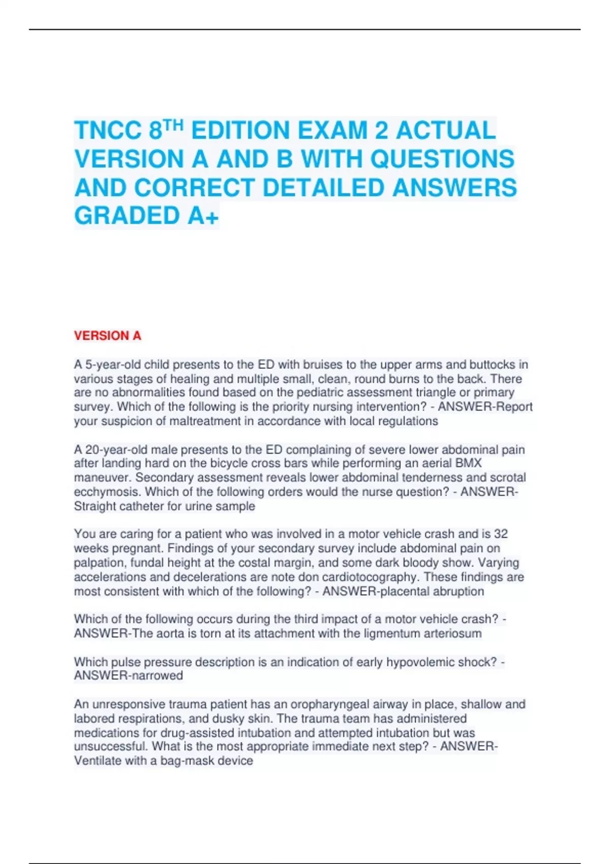 TNCC 8TH EDITION EXAM 2 ACTUAL VERSION A AND B WITH QUESTIONS AND ...