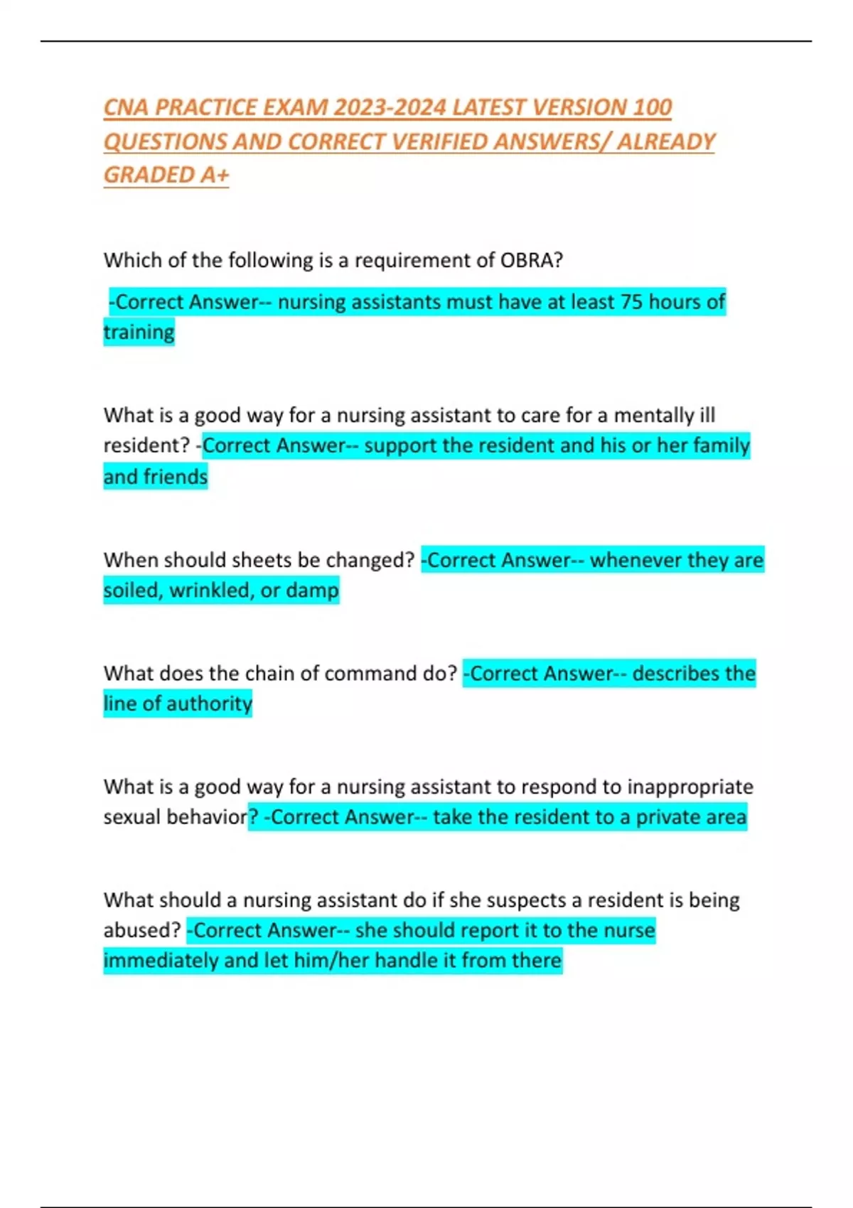 CNA PRACTICE EXAM LATEST VERSION 100 QUESTIONS AND CORRECT VERIFIED ...