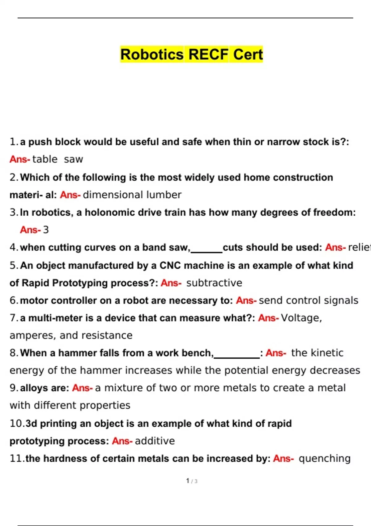 Robotics RECF Cert | 100% Correct Answers | Verified | Latest 2024 ...