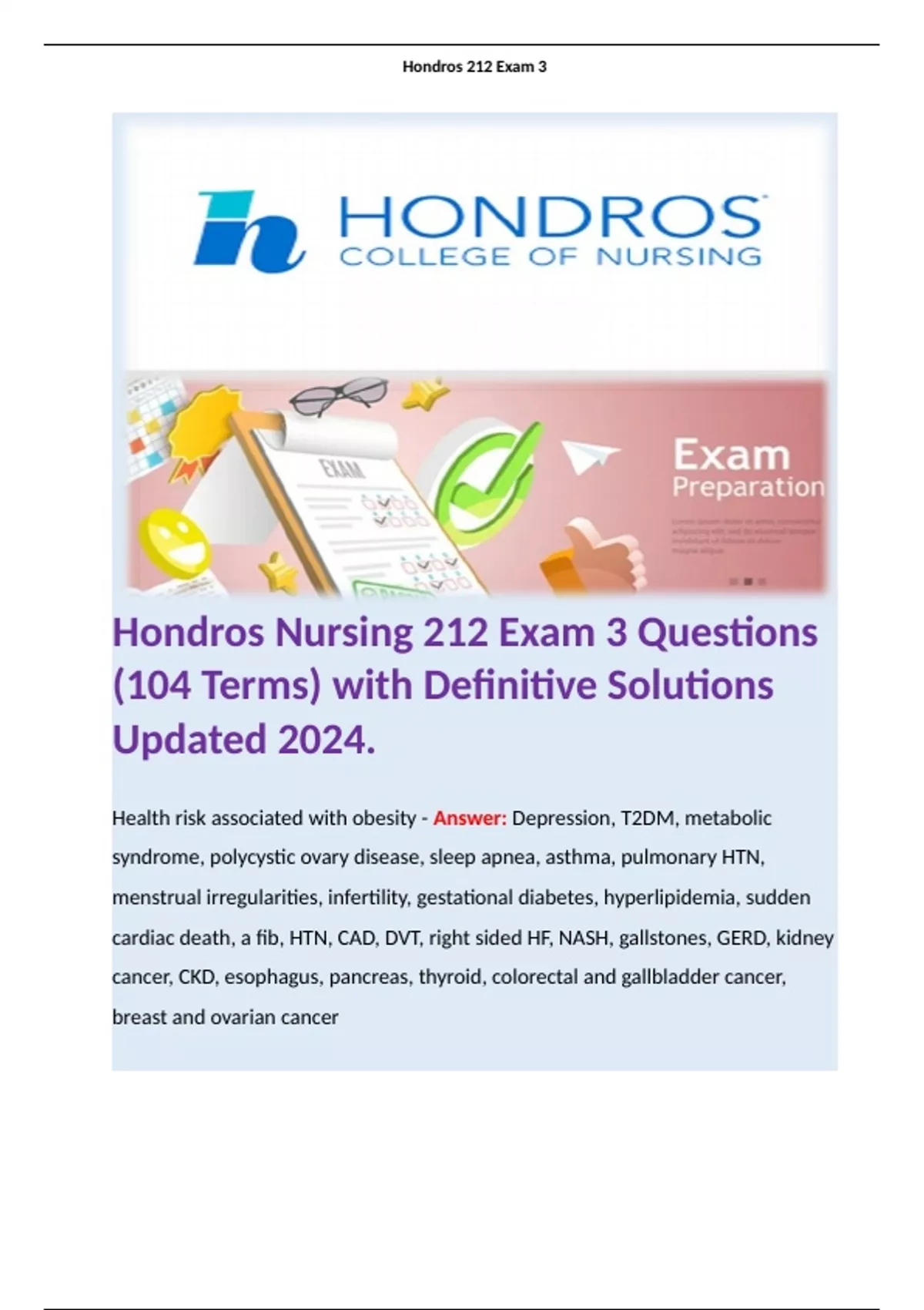 Hondros Nursing 212 Exam 3 Questions (104 Terms) with Definitive ...