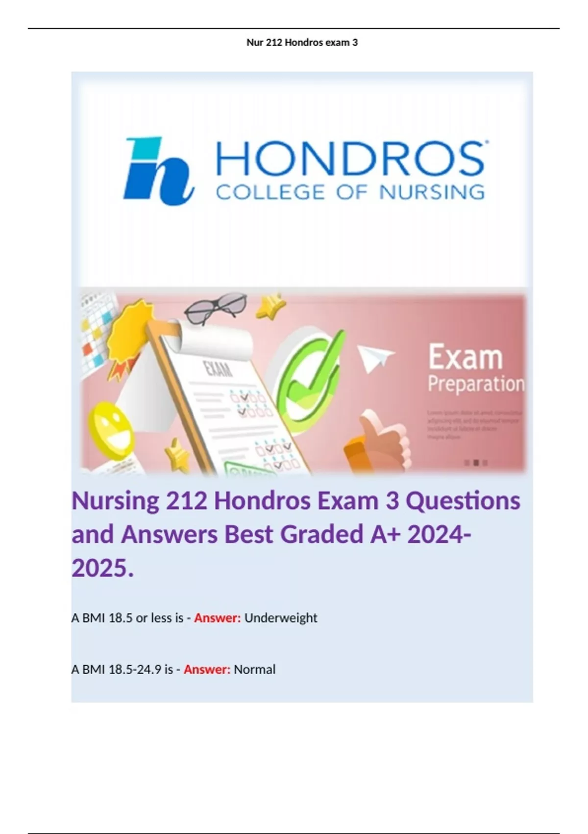 Nursing 212 Hondros Exam 3 Questions and Answers Best Graded A+ ...