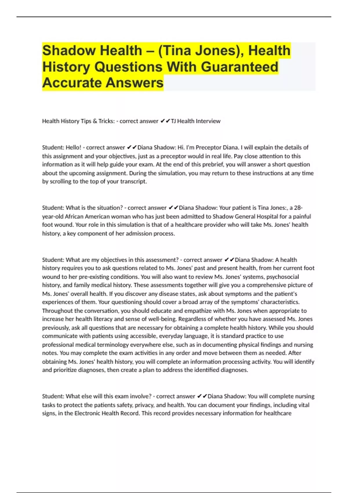 Shadow Health – (Tina Jones), Health History Questions With Guaranteed ...
