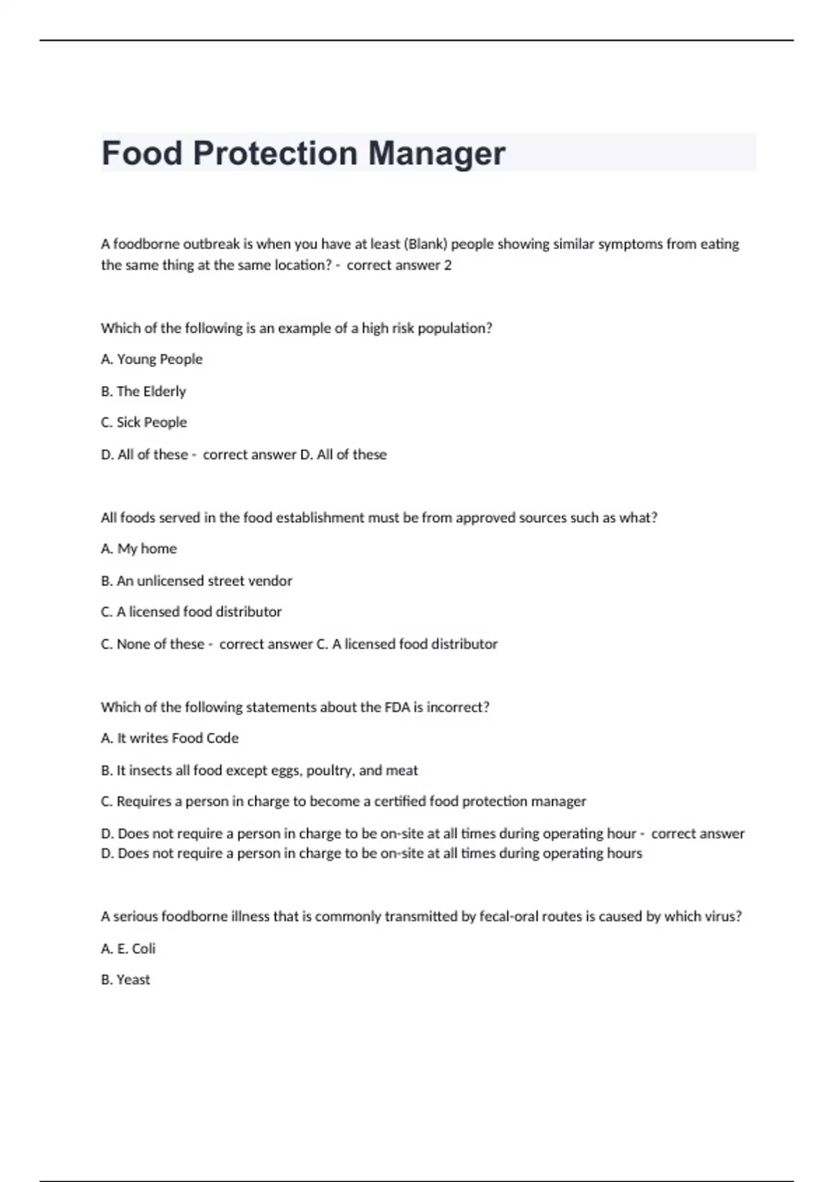 Food Protection Manager questions with correct answers - AAA Food ...