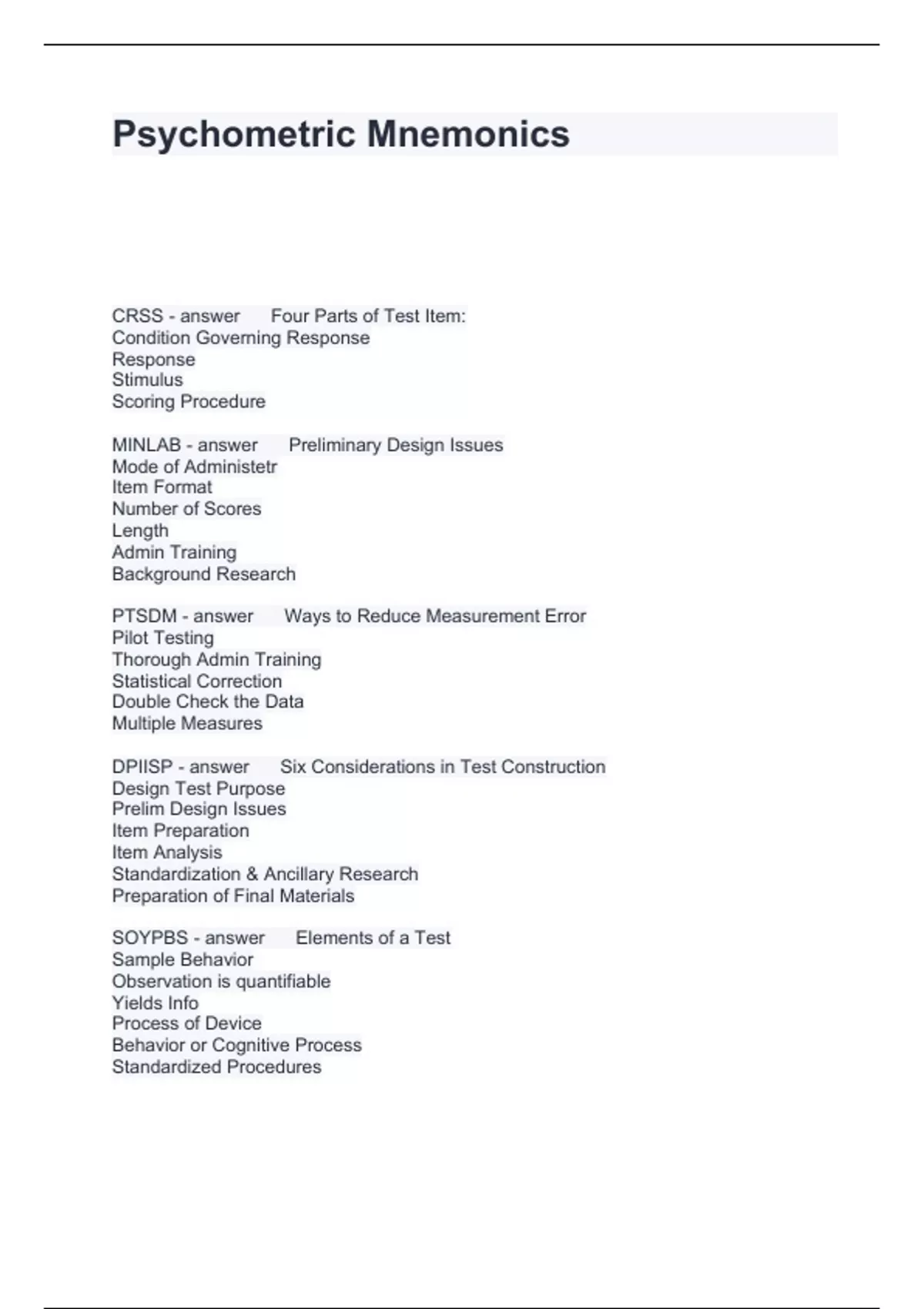 Psychometric Mnemonics Questions and Answers 2024 - CRSS - Stuvia US