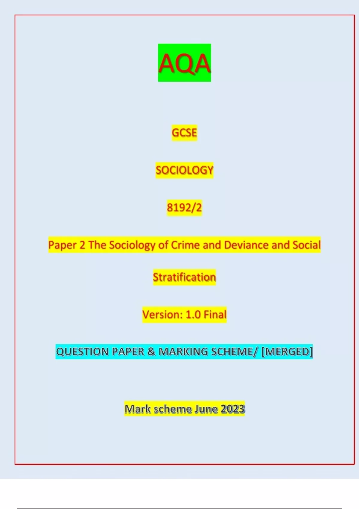AQA GCSE SOCIOLOGY 8192/2 Paper 2 The Sociology of Crime and DeviancAQA ...