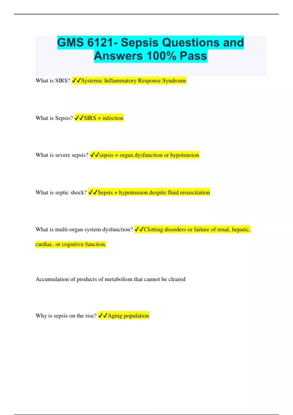 GMS 6121- Sepsis Questions and Answers 100% Pass - GMS 6121- Sepsis ...