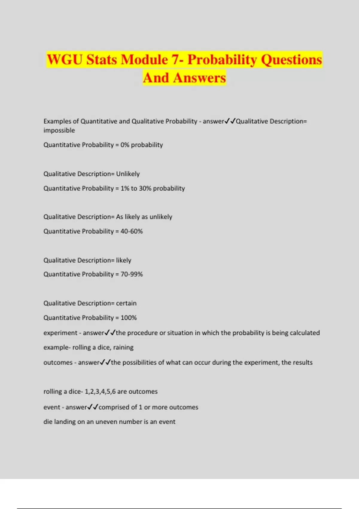 WGU Stats Module 7- Probability Questions And Answers - WGU - Stuvia US