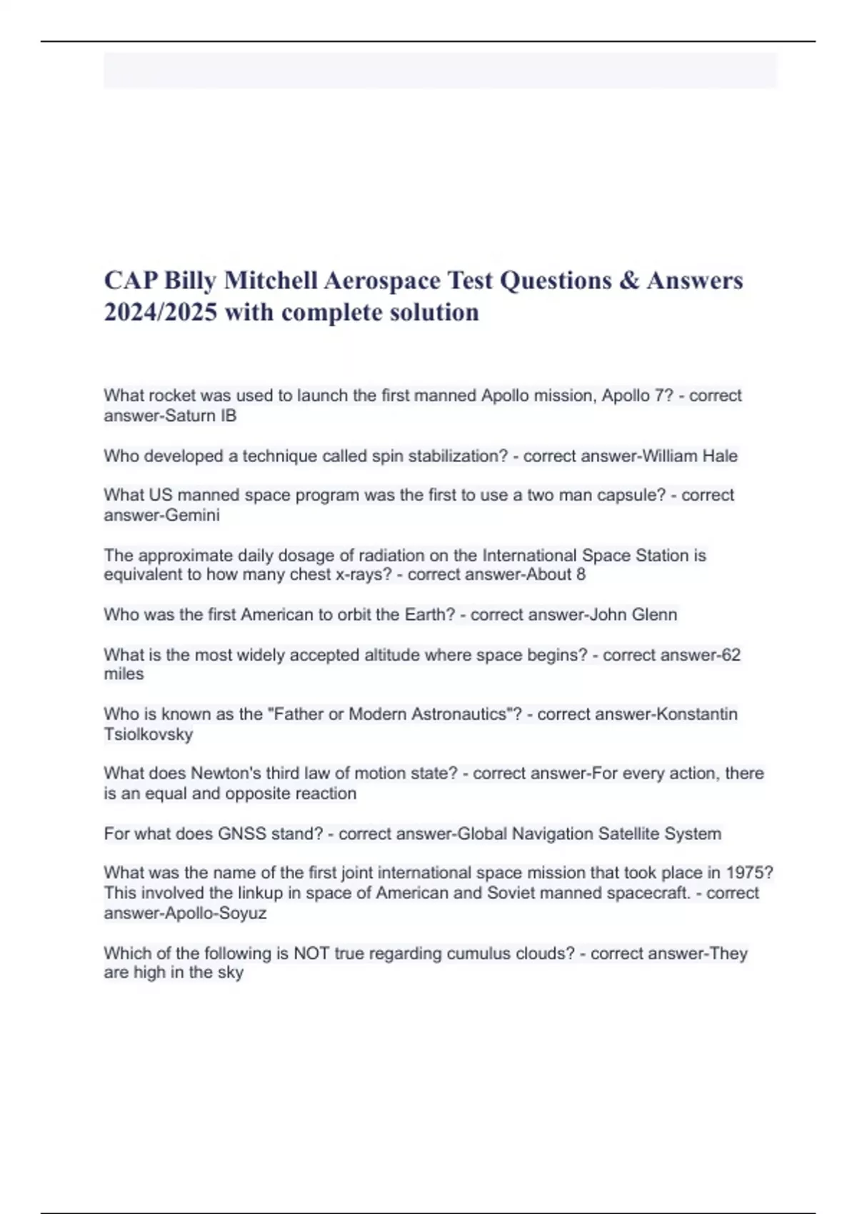 CAP Billy Mitchell Aerospace Test Questions & Answers 2024/2025 with ...