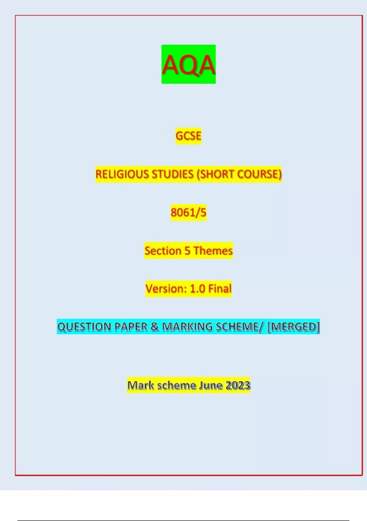 AQA GCSE RELIGIOUS STUDIES (SHORT COURSE) 8061/5 Section 5 ThemeAQA ...