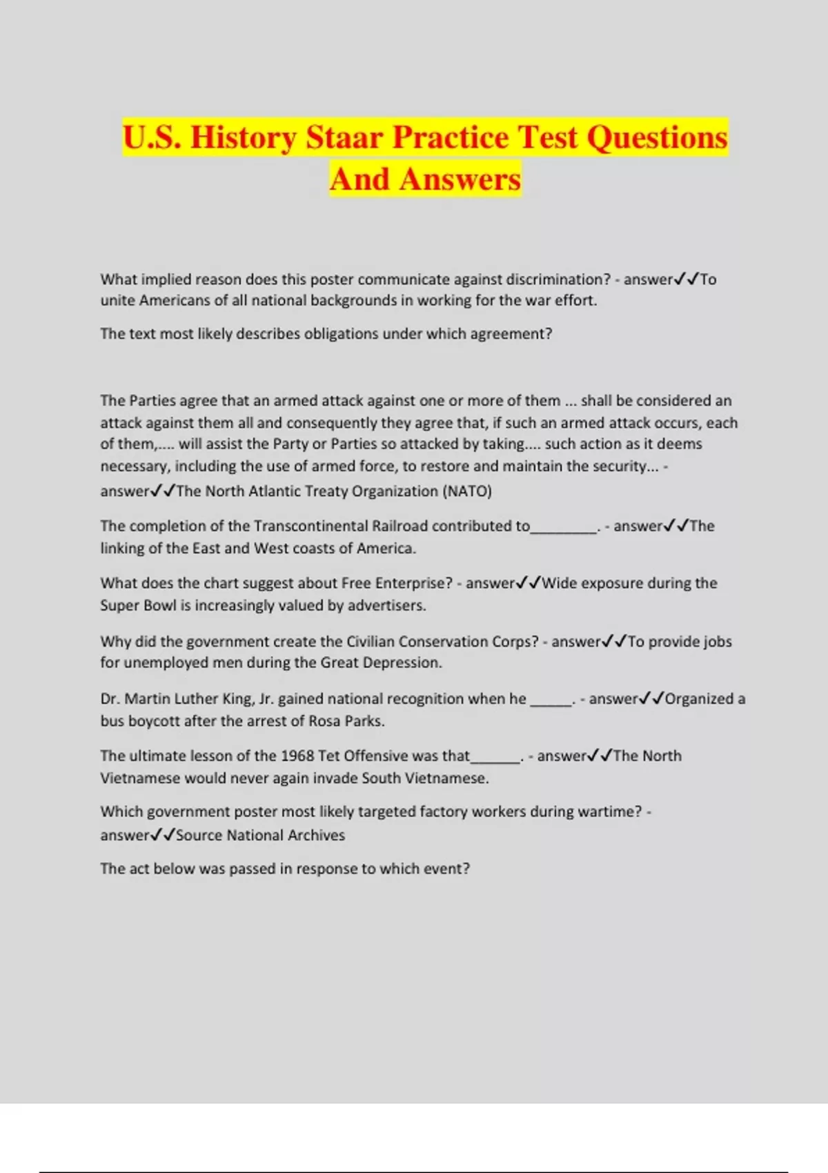 U.S. History Staar Practice Test Questions And Answers - U.S. History ...