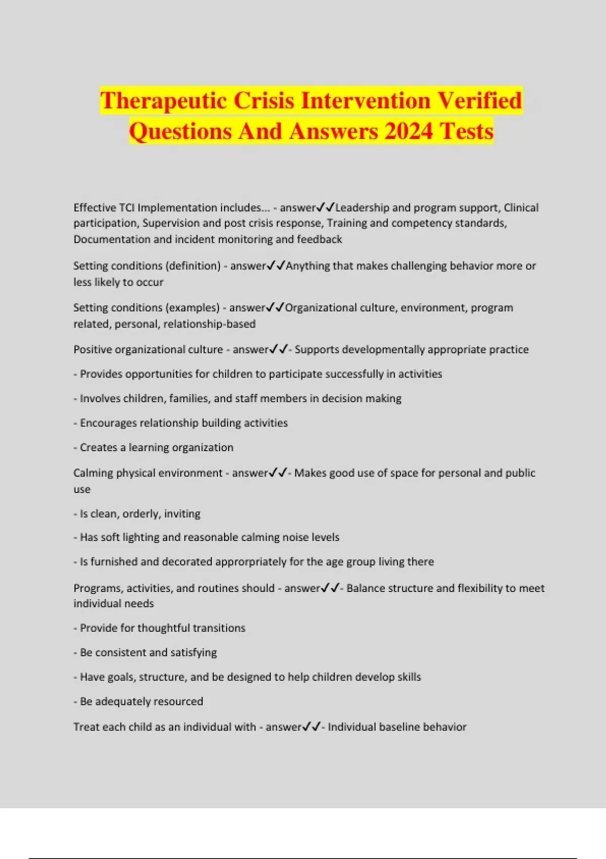 Therapeutic Crisis Intervention Verified Questions And Answers 2024 ...
