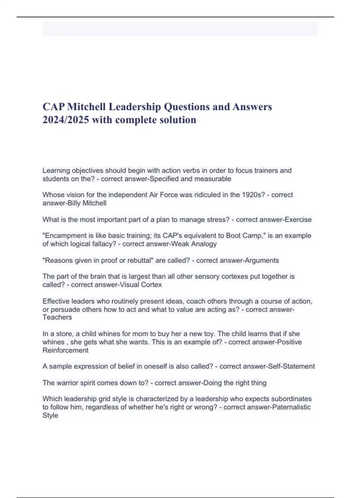 CAP Mitchell Leadership Questions and Answers 2024/2025 with complete ...
