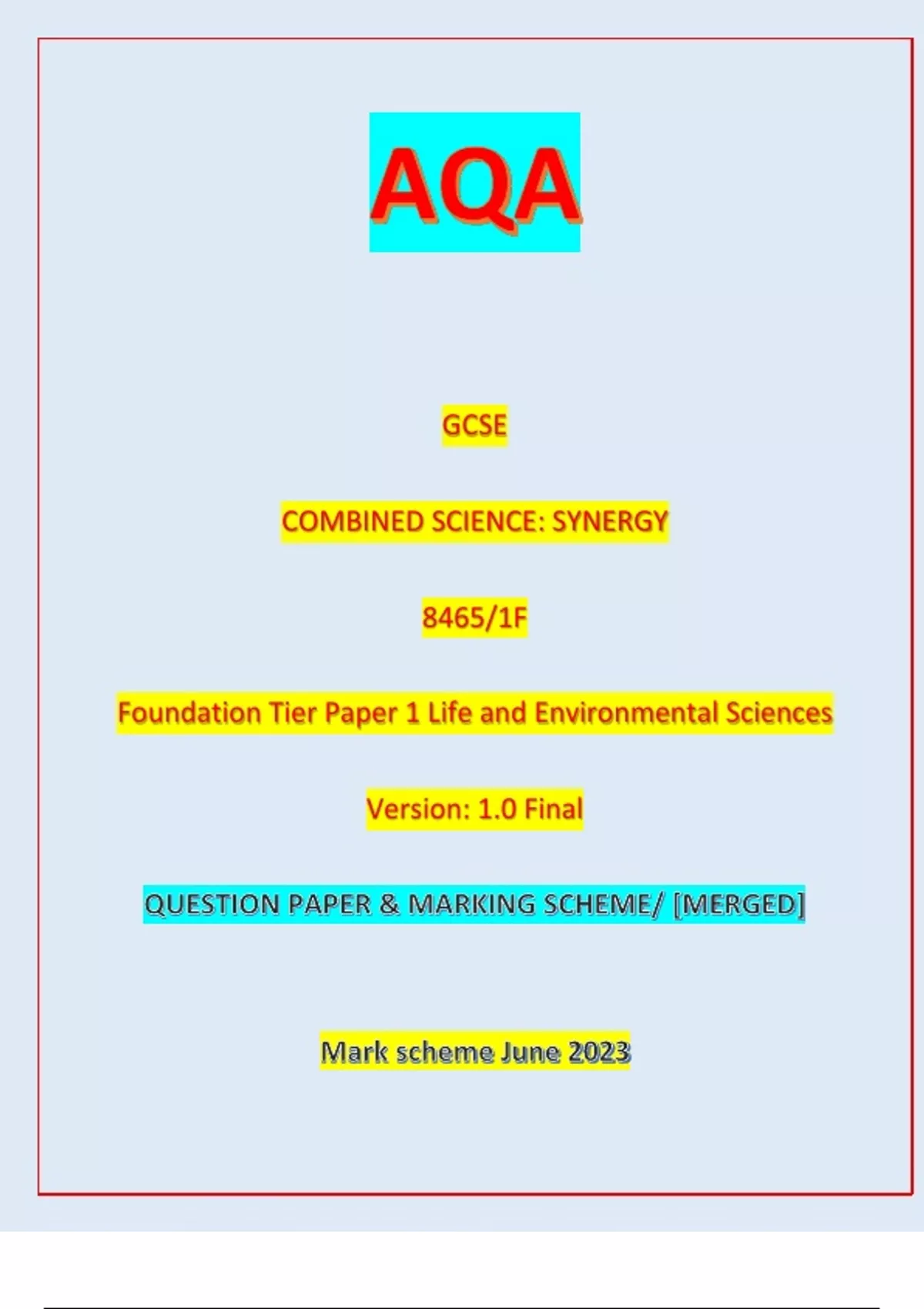 Aqa Gcse Combined Science Synergy 8465 1f Foundation Tier Paper 1 Life